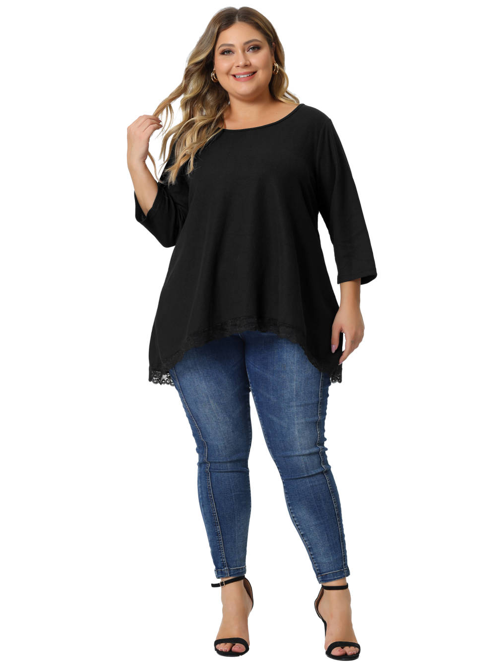 Agnes Orinda - Lace Panel Loose High Low Hem Waffle Tops - Penningtons