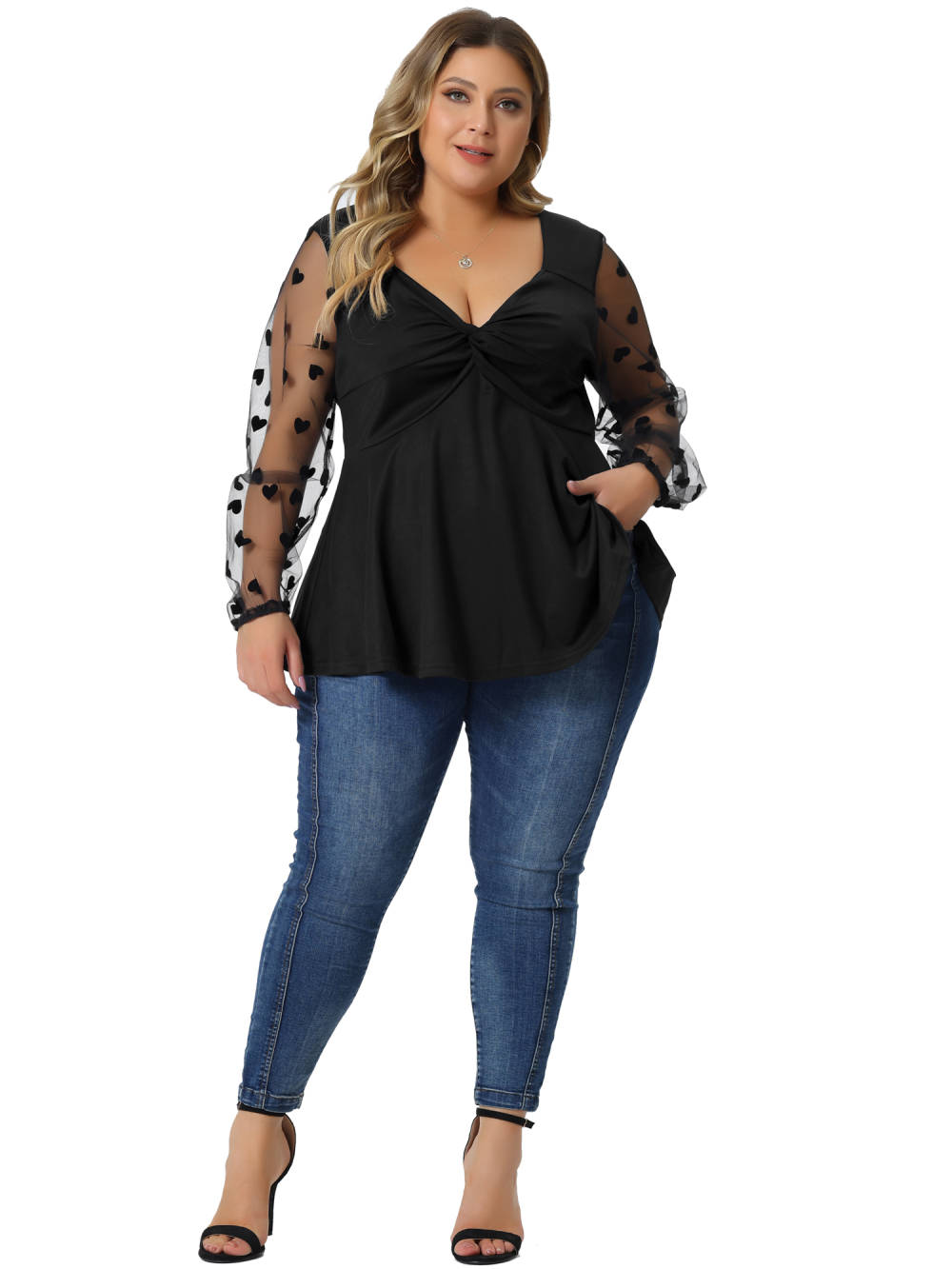 Agnes Orinda Mesh Sheer Long Sleeve V Neck Peplum Tops Penningtons