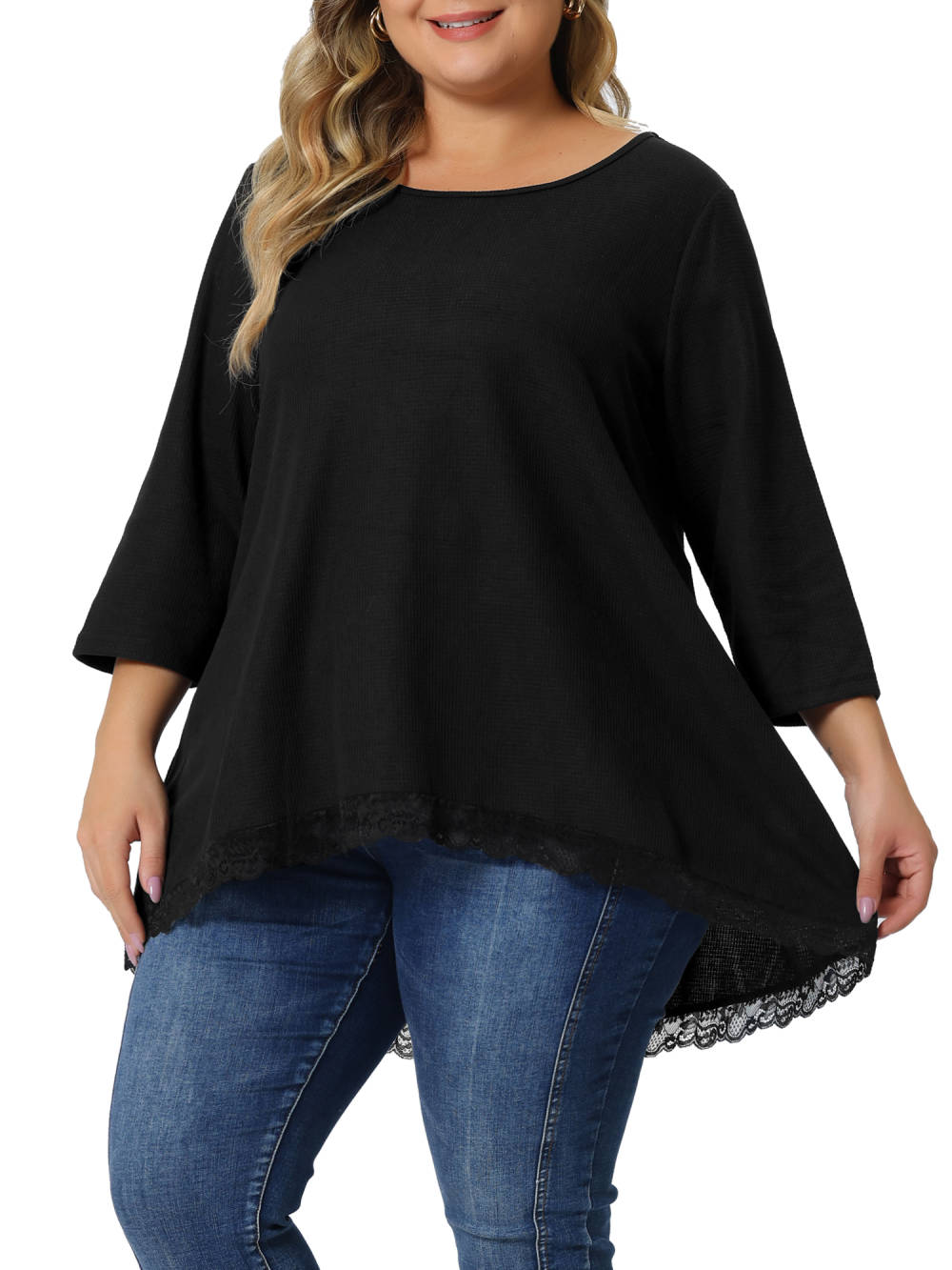 Agnes Orinda - Lace Panel Loose High Low Hem Waffle Tops - Penningtons
