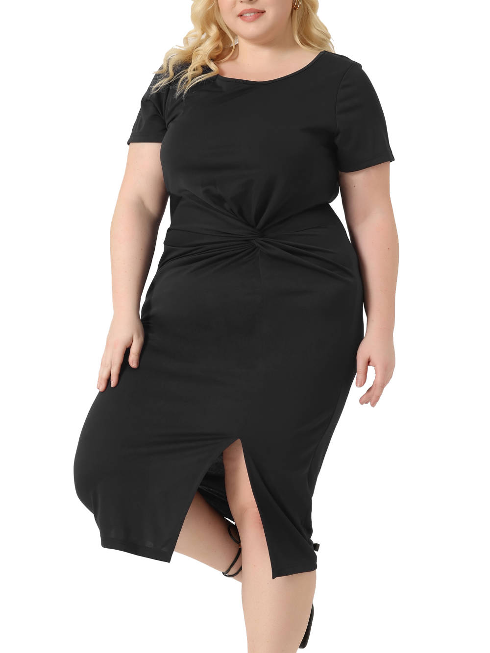 Agnes Orinda - Round Neck Knot Front Short Sleeve Side Split Dresses ...