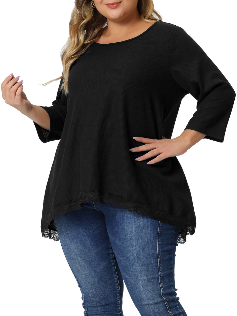 Agnes Orinda - Lace Panel Loose High Low Hem Waffle Tops - Penningtons