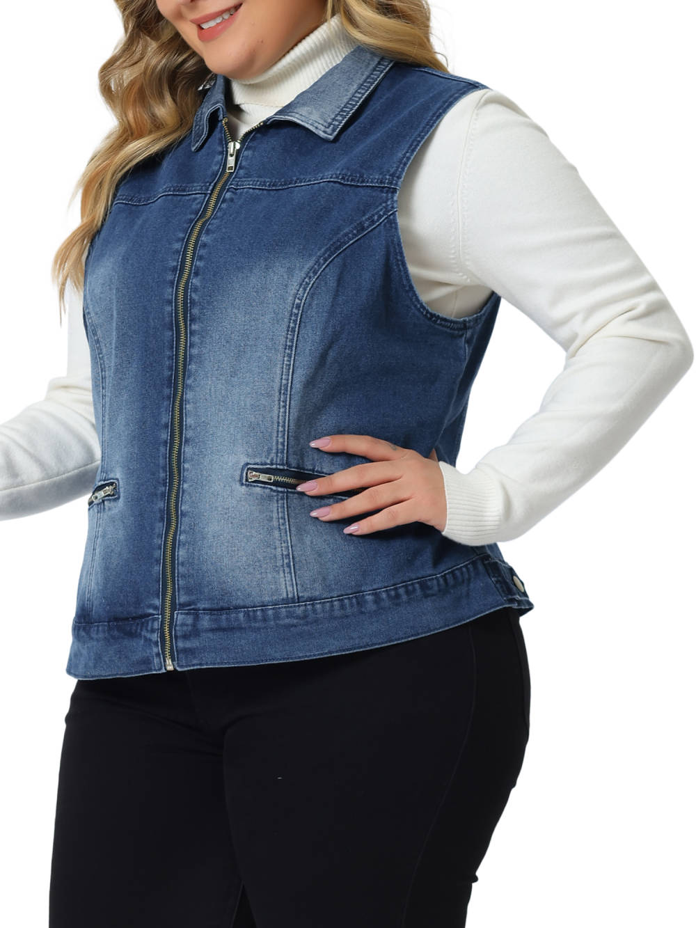 Agnes Orinda - Sleeveless Classic Washed Zip Denim Jackets - Penningtons