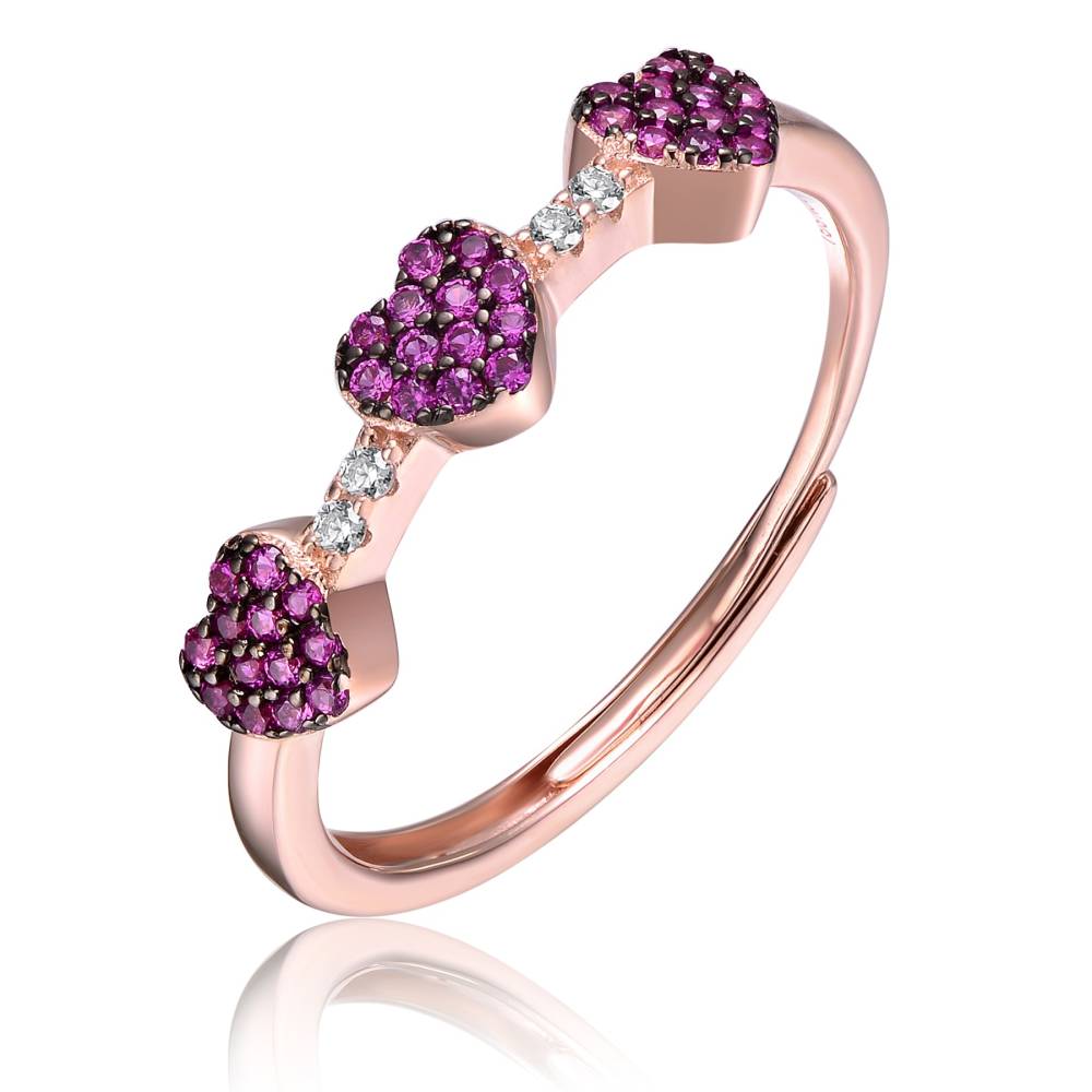 GV Sterling Silver 18k Rose Gold Plated with Ruby Cubic Zirconia Pave Hearts Promise Stacking ...