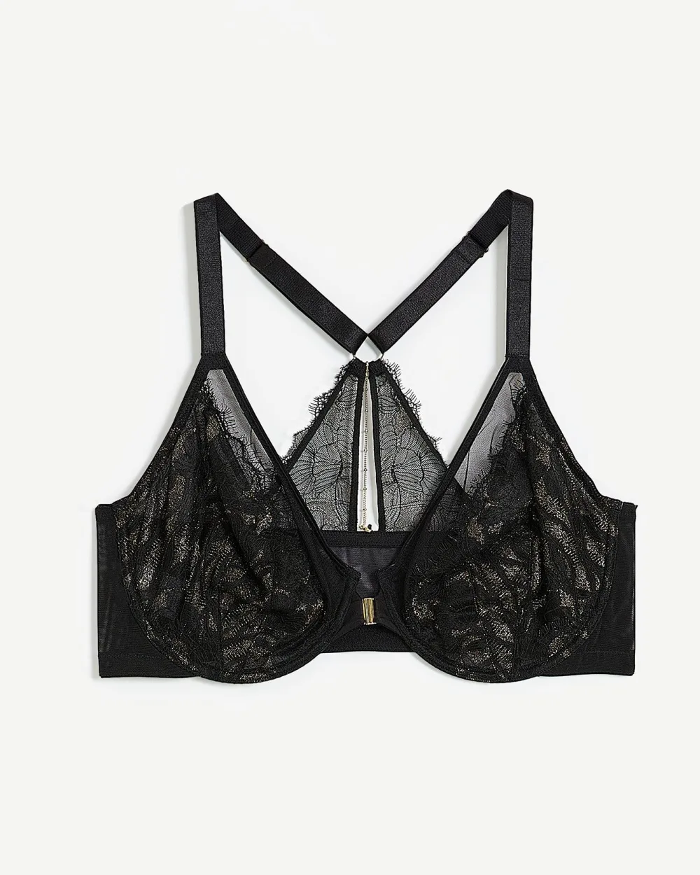 Black Satin Front-Closure Plunge Bra with Gold Lace - Déesse Collection ...