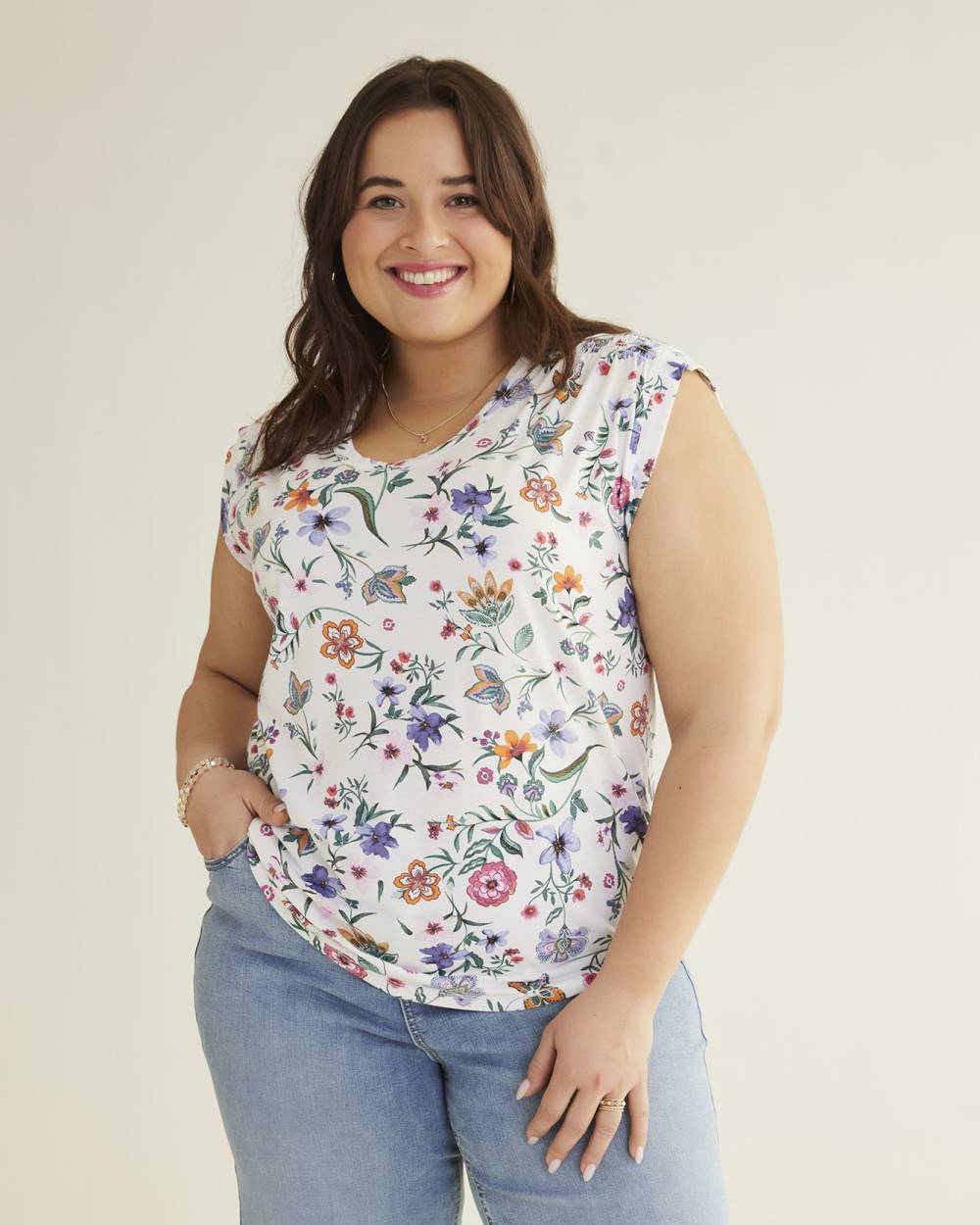 Long U-Neck Knit Top with Shirring Shoulders | Penningtons