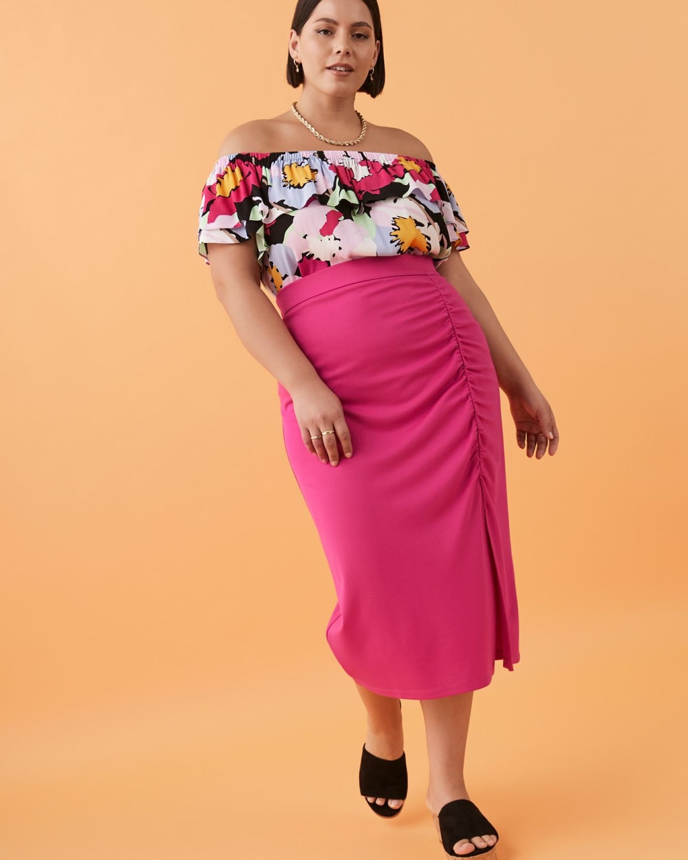 High-Waisted Skirt with Slit and Runching - Addition Elle | Penningtons