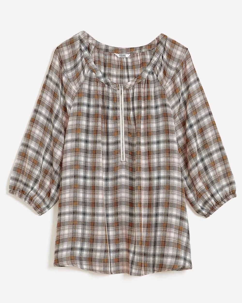 Plaid A-Line Blouse with Balloon Sleeves | Penningtons
