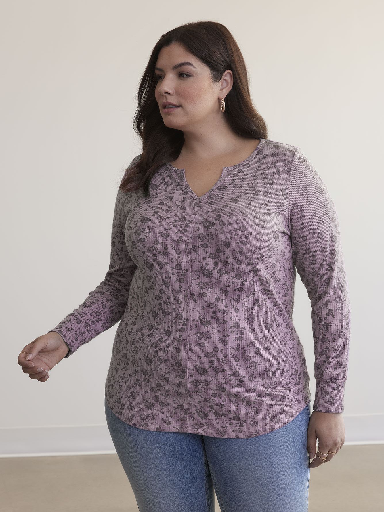 Printed Knit Top with Split Neckline | Penningtons