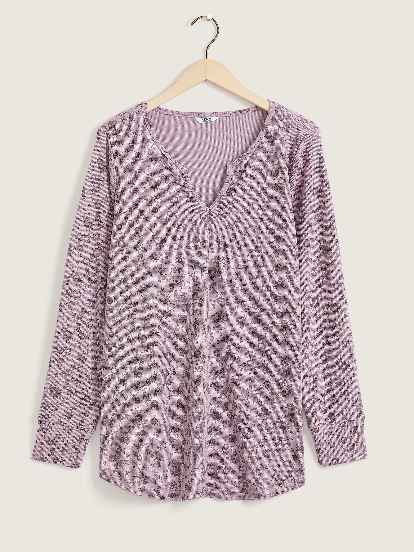 Printed Knit Top with Split Neckline | Penningtons