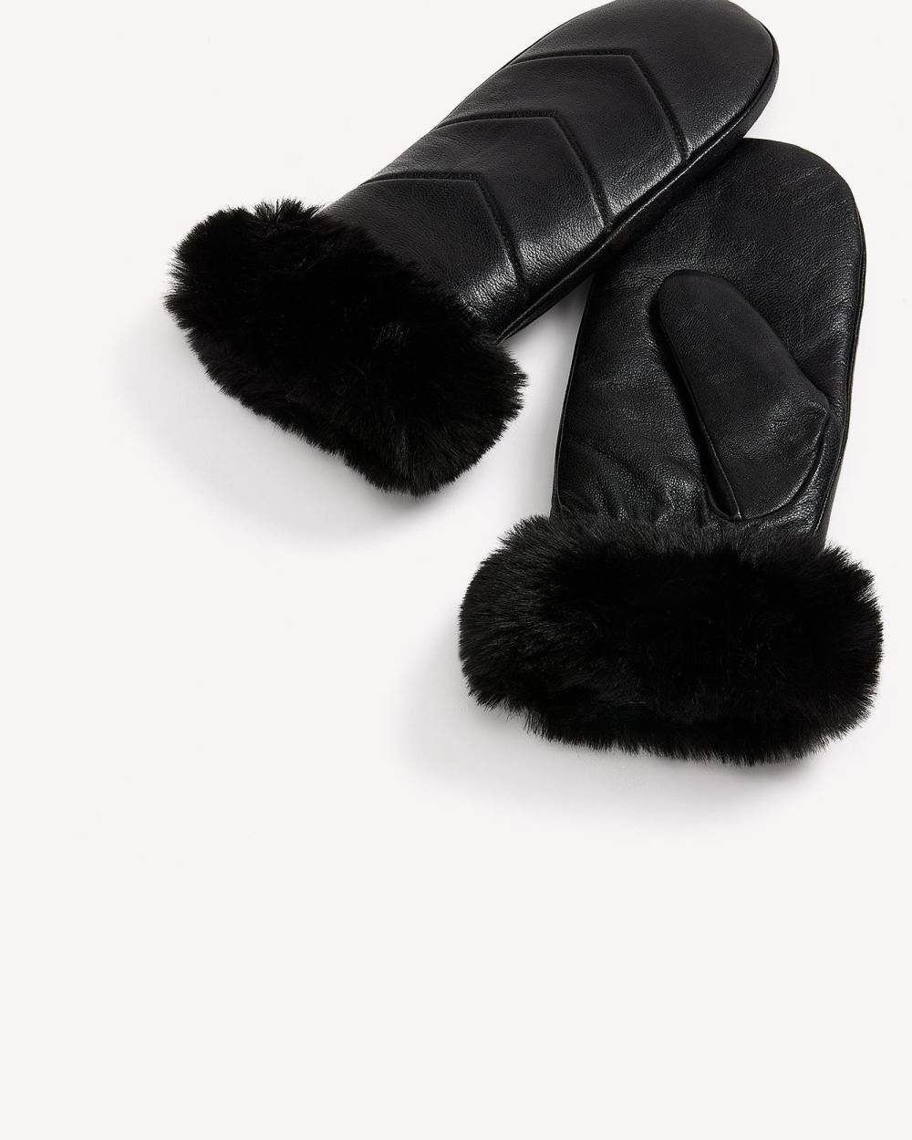 Black Leather V-Stitch Quilted Mittens with Faux-Fur Cuffs | Penningtons