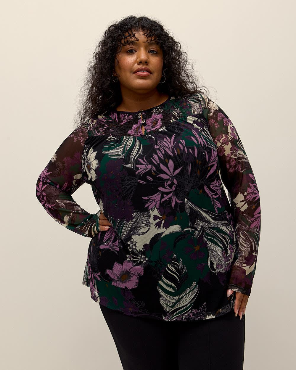 Long-Sleeve Mesh Top with Smocking | Penningtons