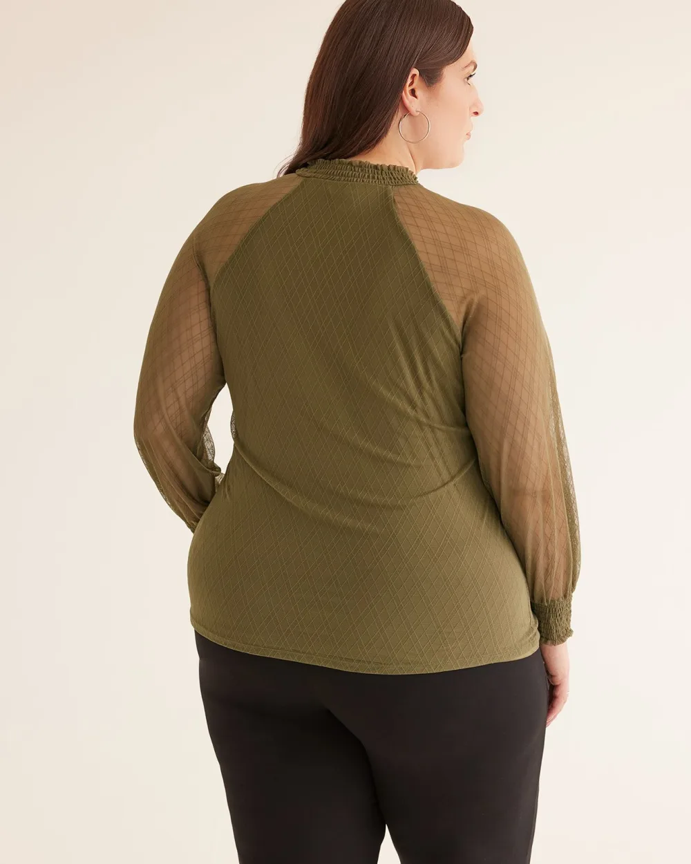 Floral Lace Knit Top with Smocking Mock Neckline | Penningtons