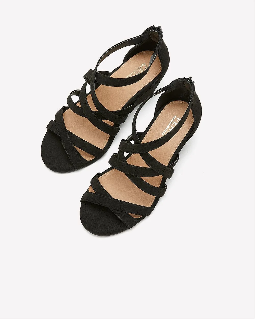 Sandale à brides en faux suède noir avec talon compensé, pied très large | Penningtons