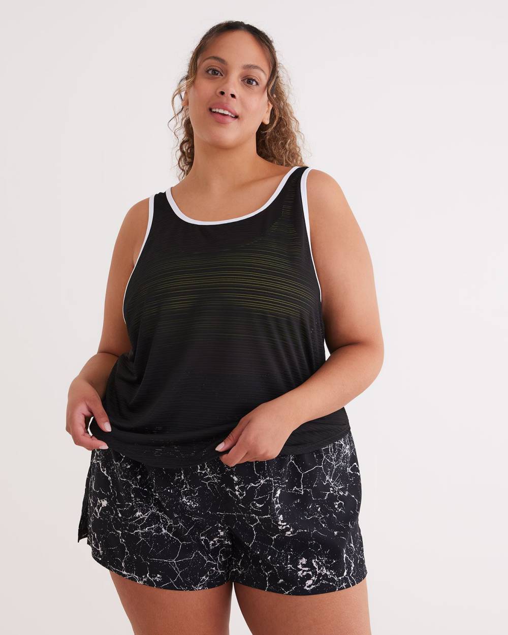 Solid Shadow Stripe Tankini with Fooler Crop Bandeau - Active Zone | Penningtons