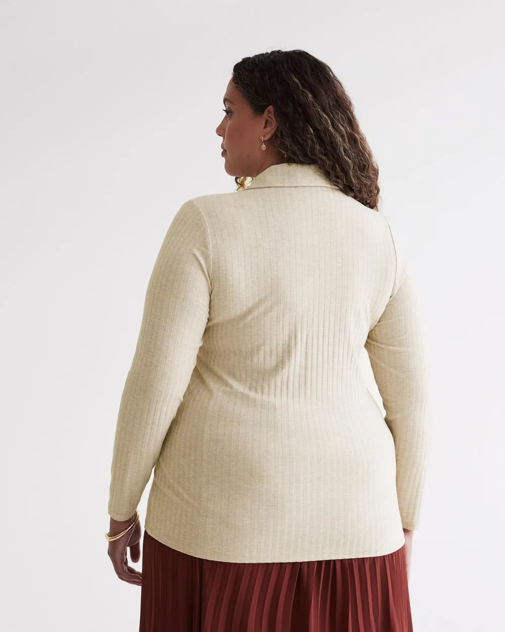 Ribbed Long-Sleeve Polo Knit Top | Penningtons