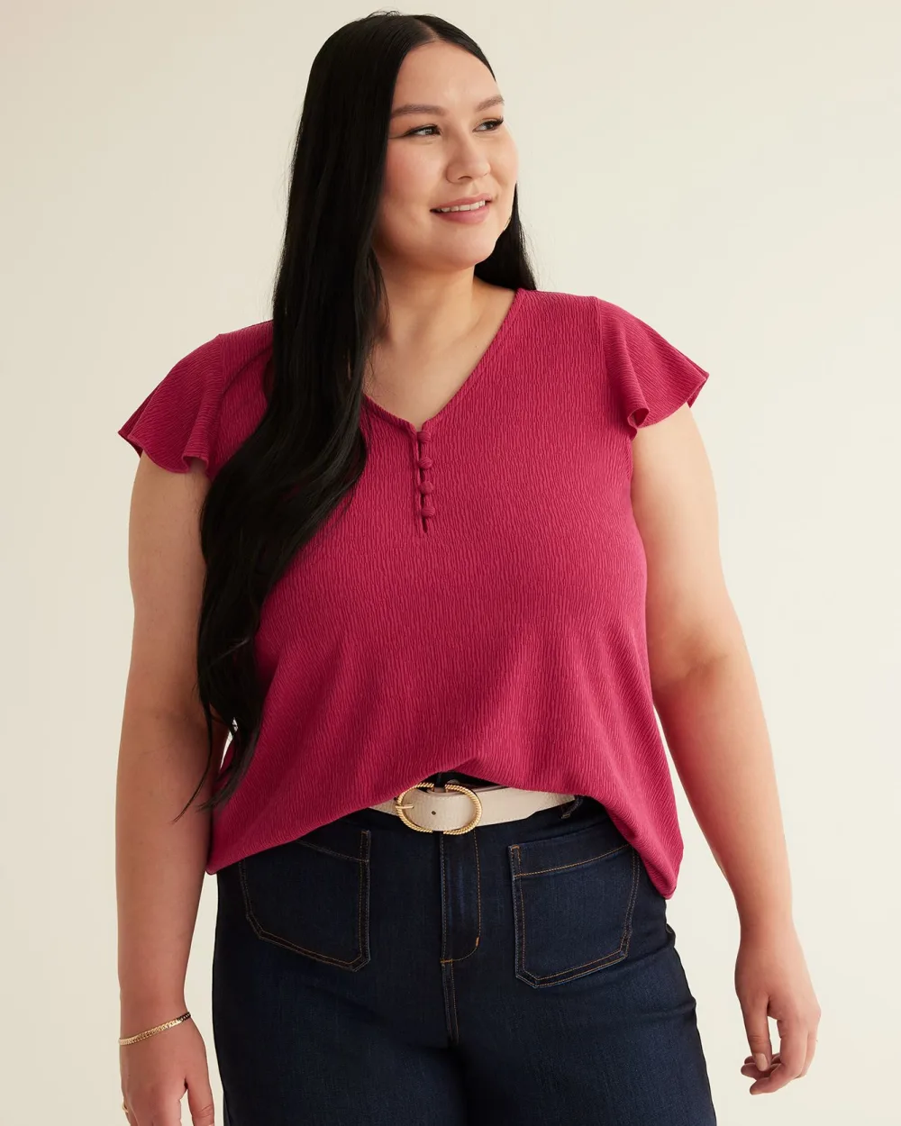 V-Neck Knit Top with Bubble Hem and Flutter Sleeves | Penningtons