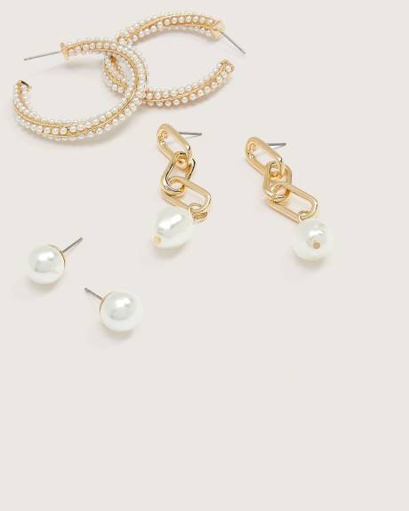 Assorted Golden Pearl Earrings, Set of 3 - Addition Elle | Penningtons