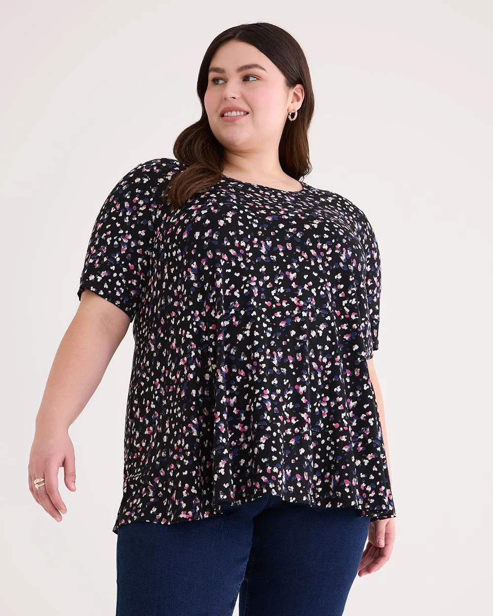 Printed Elbow-Sleeve Sweetheart Swing Top | Penningtons