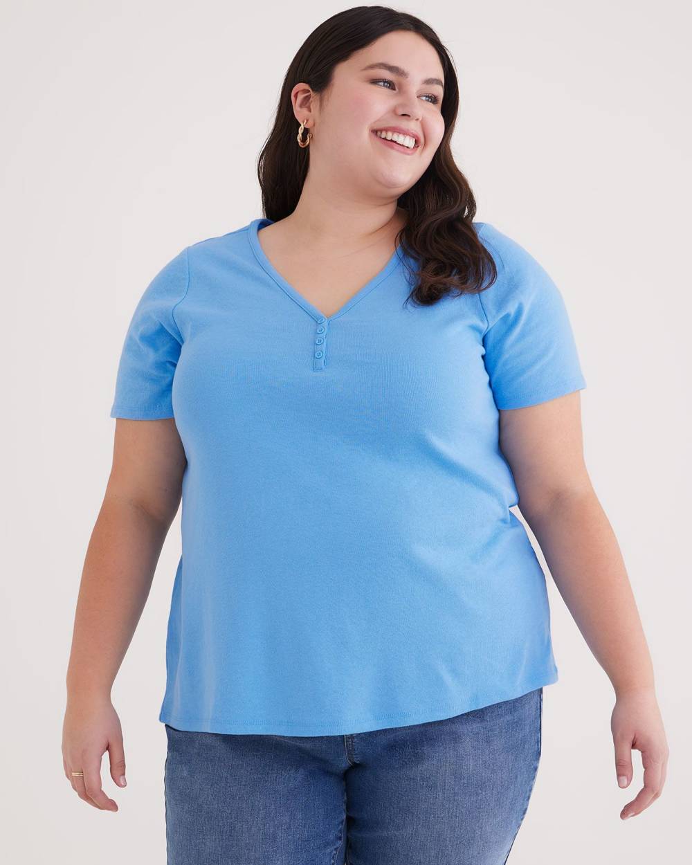 Girlfriend-Fit Short-Sleeve V-Neck Ribbed Tee | Penningtons