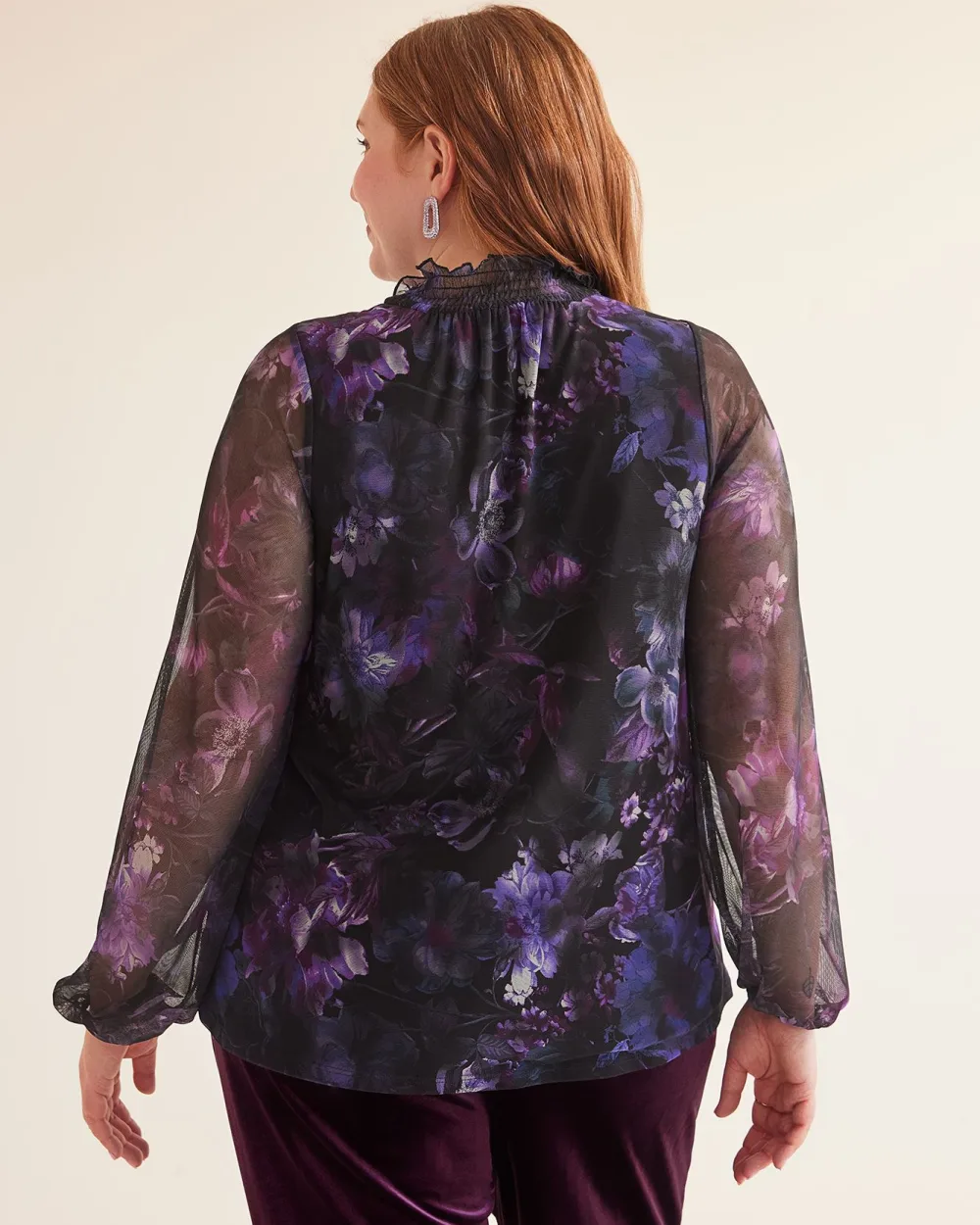 Floral Mesh Top with Smocking Collar | Penningtons