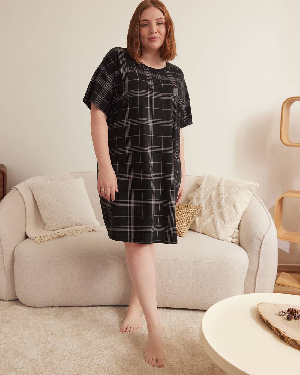 Plaid Elbow-Sleeve Short Sleepshirt - ti Voglio | Penningtons