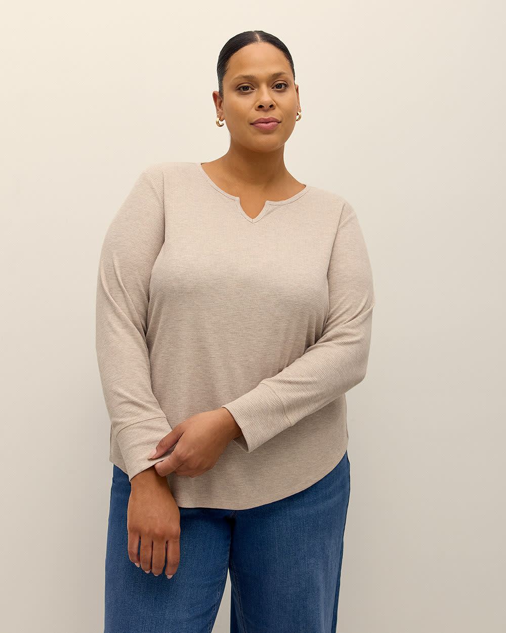 Curvy-Fit Waffle Knit Split Neck Tee - PENN. Essentials | Penningtons