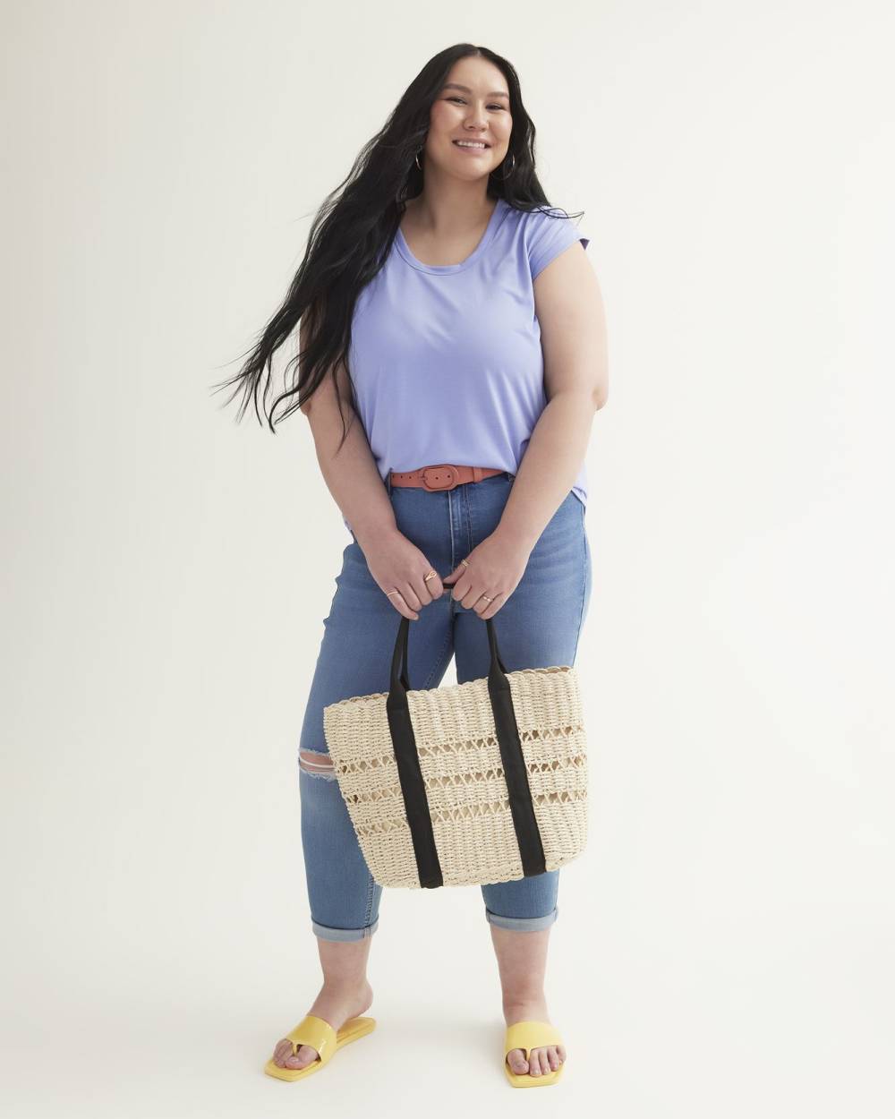 Long U-Neck Knit Top with Shirring Shoulders | Penningtons