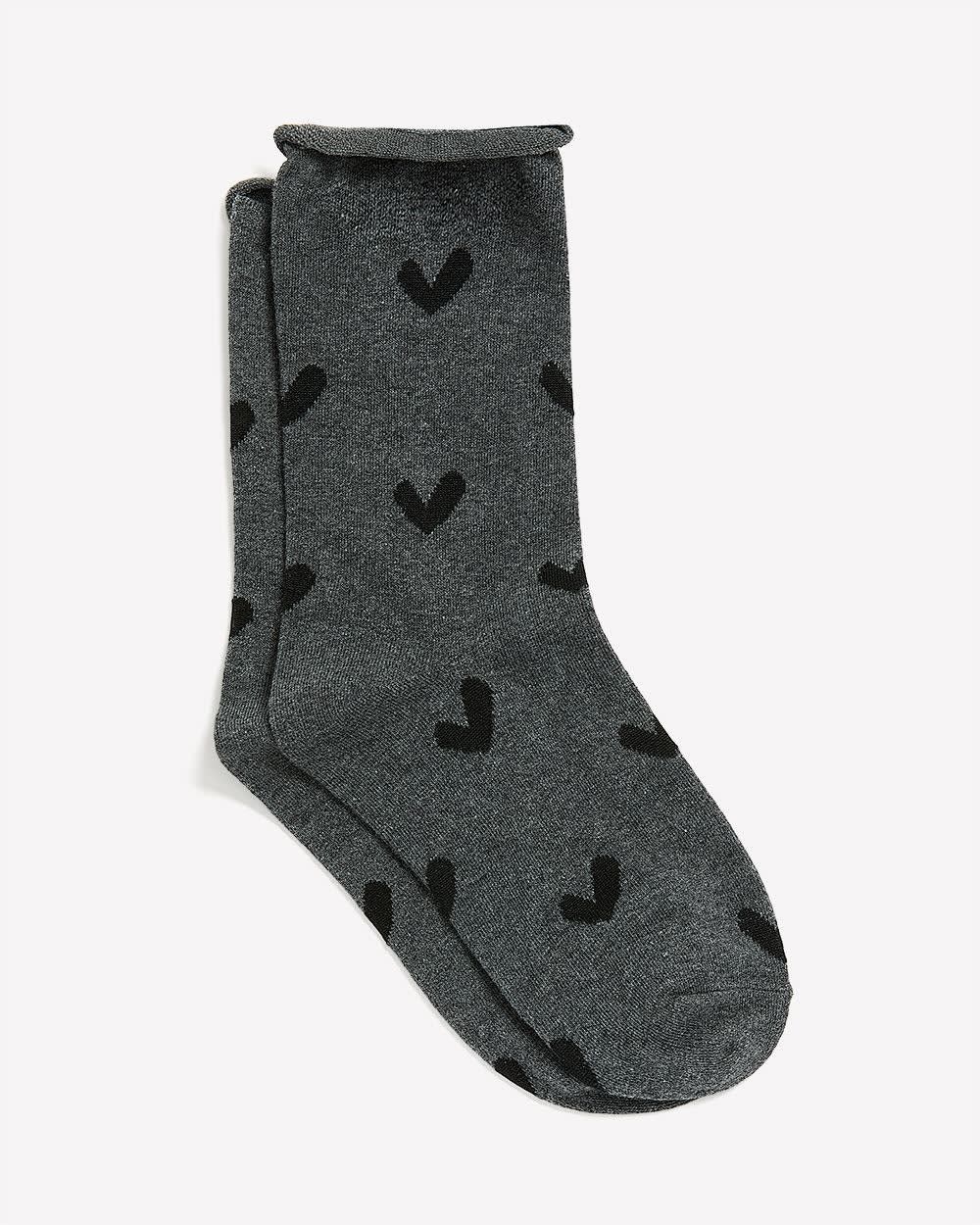 Grey Rolled-Edge Crew Socks with Hearts | Penningtons