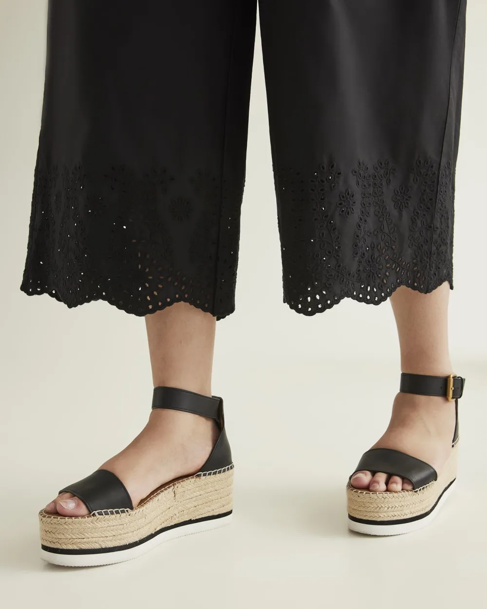 Black Wide-Leg Crop Pant with Embroidered Hem | Penningtons
