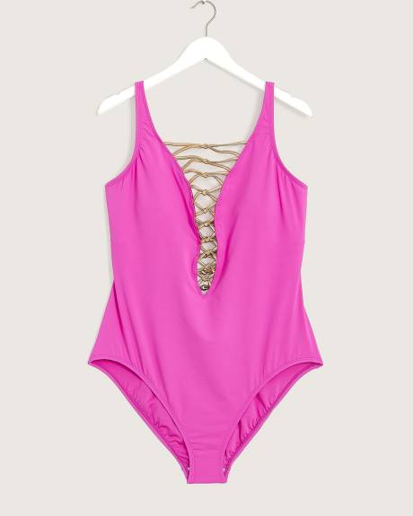 Purple Lace-Down One-Piece Swimsuit - BLEU Rod Beattie | Penningtons
