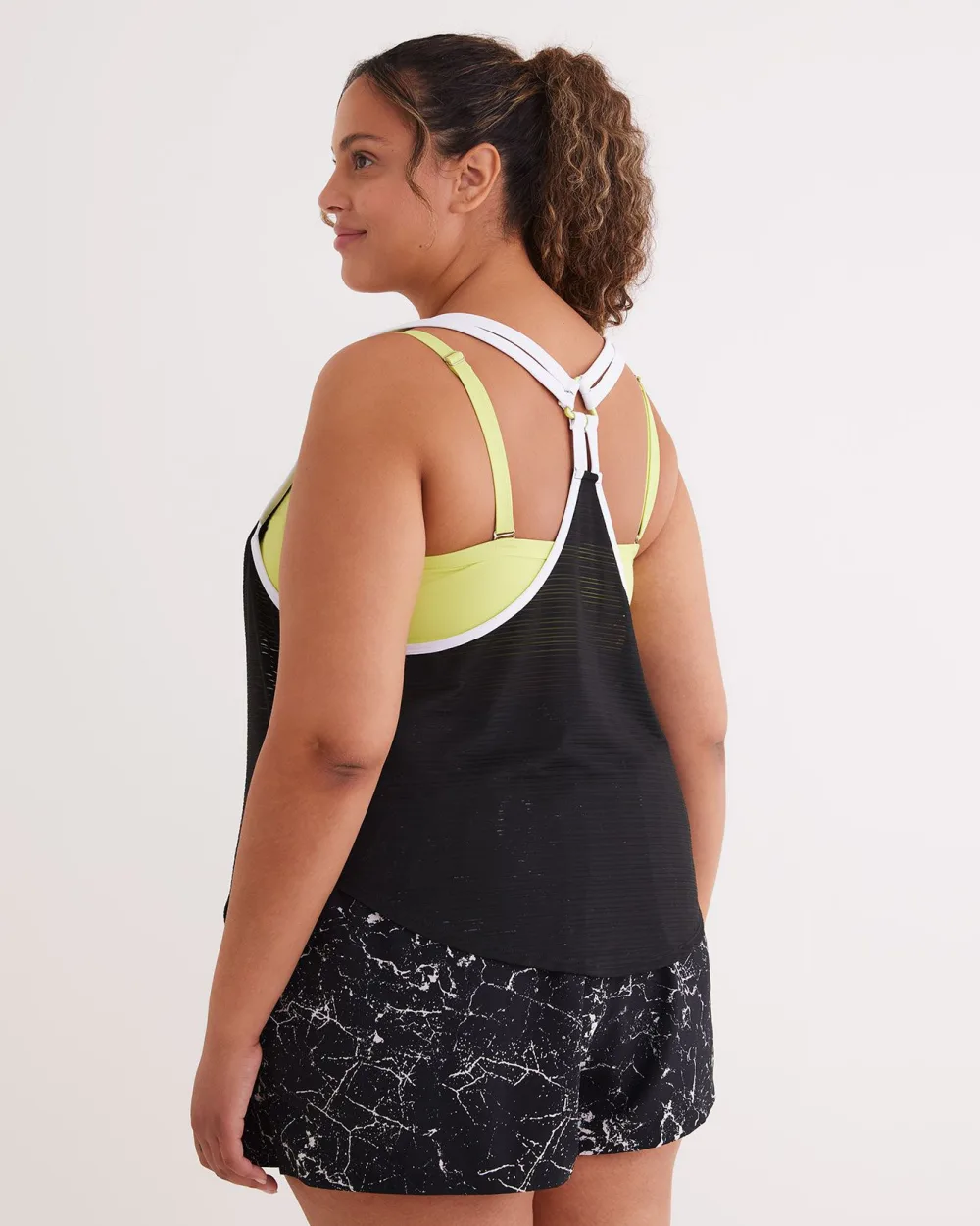 Solid Shadow Stripe Tankini with Fooler Crop Bandeau - Active Zone | Penningtons