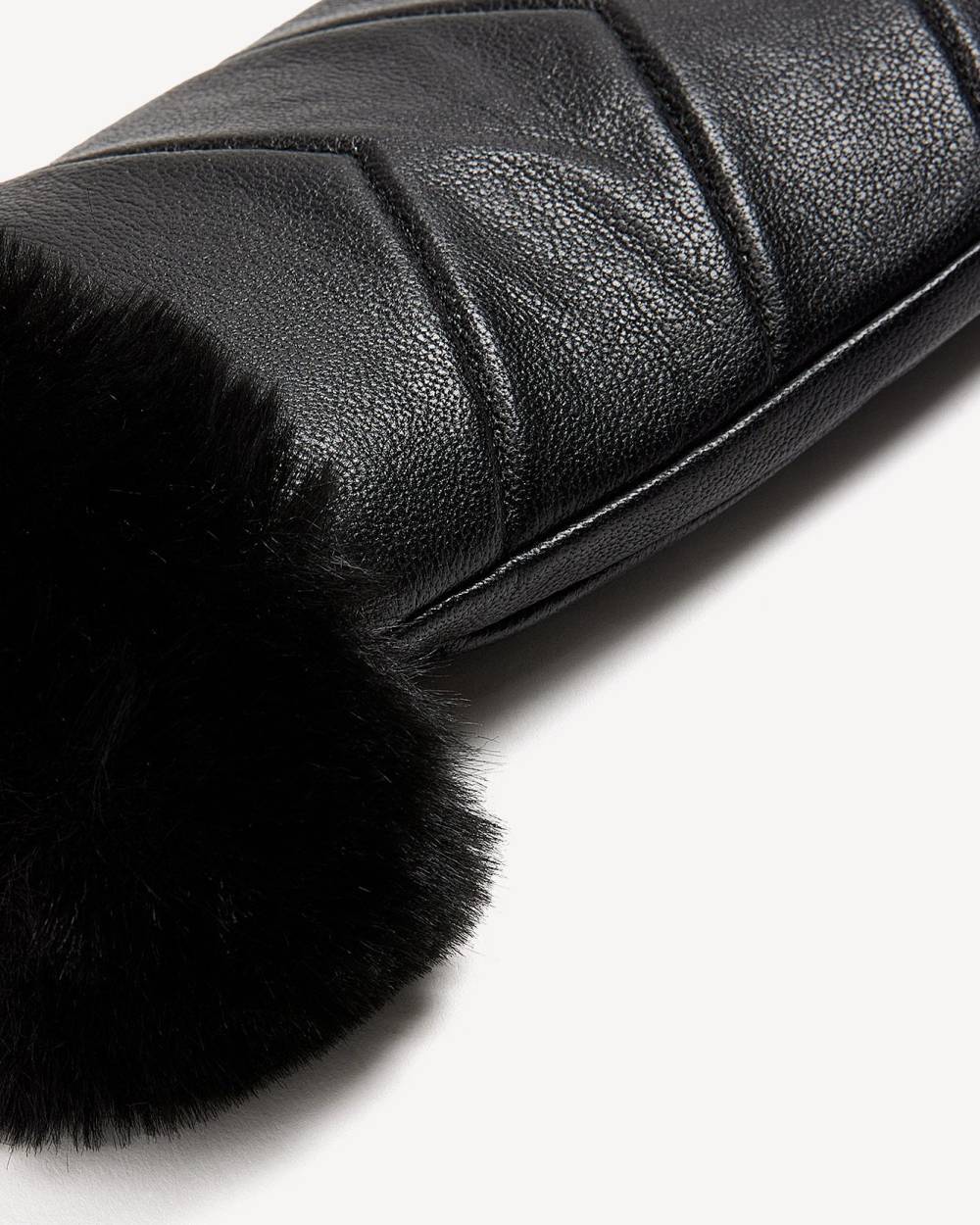 Black Leather V-Stitch Quilted Mittens with Faux-Fur Cuffs | Penningtons