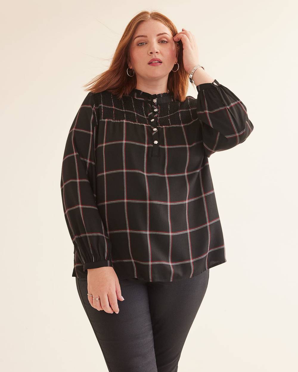 Black Plaid Blouse with Front Smocking | Penningtons