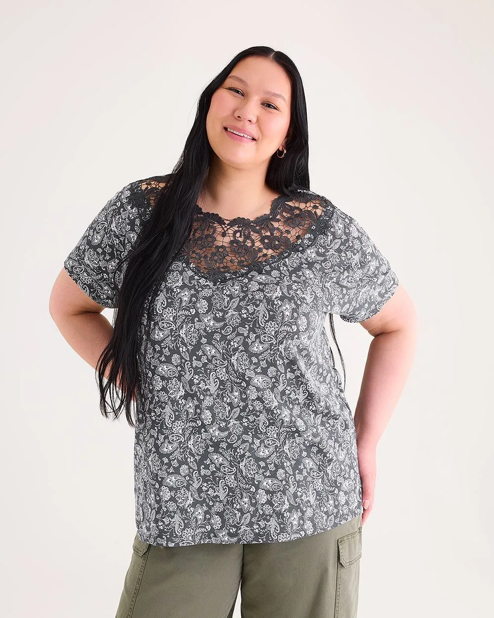 Knit Top with Crochet Lace Insert | Penningtons