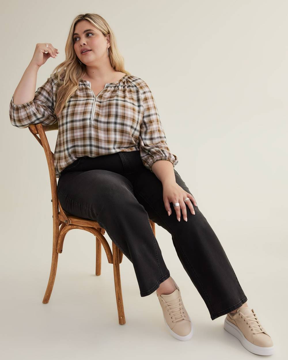 Plaid A-Line Blouse with Balloon Sleeves | Penningtons