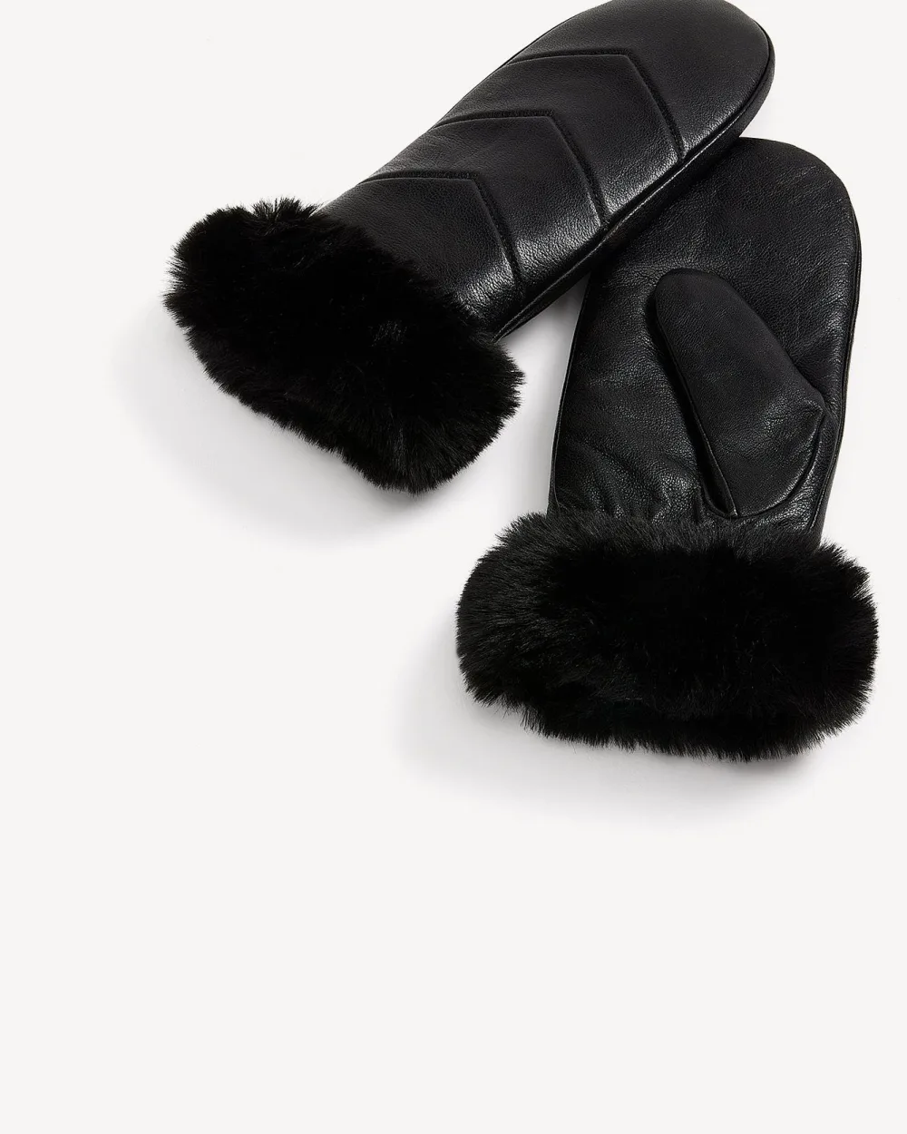Black Leather V-Stitch Quilted Mittens with Faux-Fur Cuffs | Penningtons