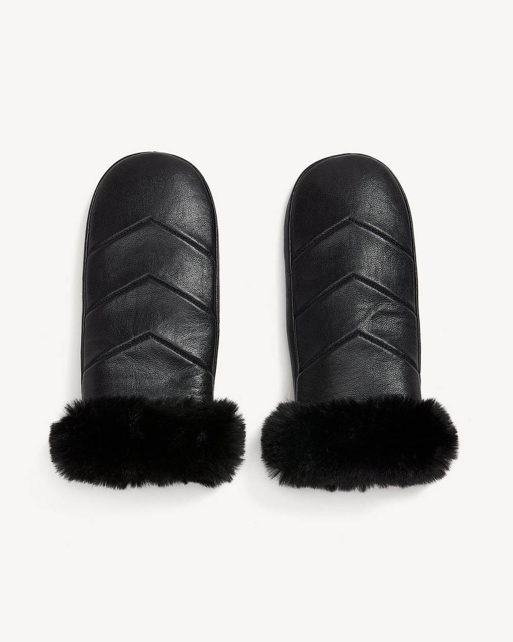 Black Leather V-Stitch Quilted Mittens with Faux-Fur Cuffs | Penningtons
