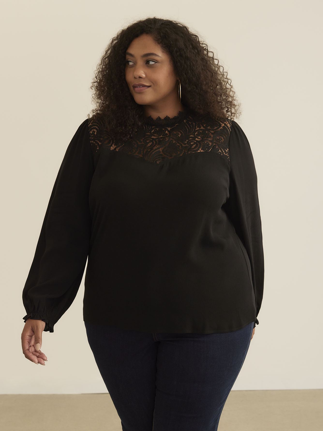 Long-Sleeve Blouse with Lace Yoke | Penningtons