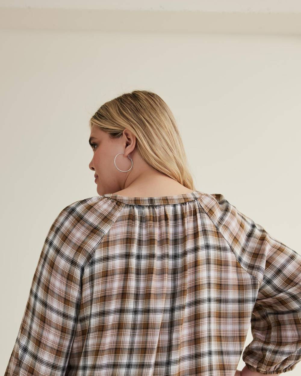 Plaid A-Line Blouse with Balloon Sleeves | Penningtons