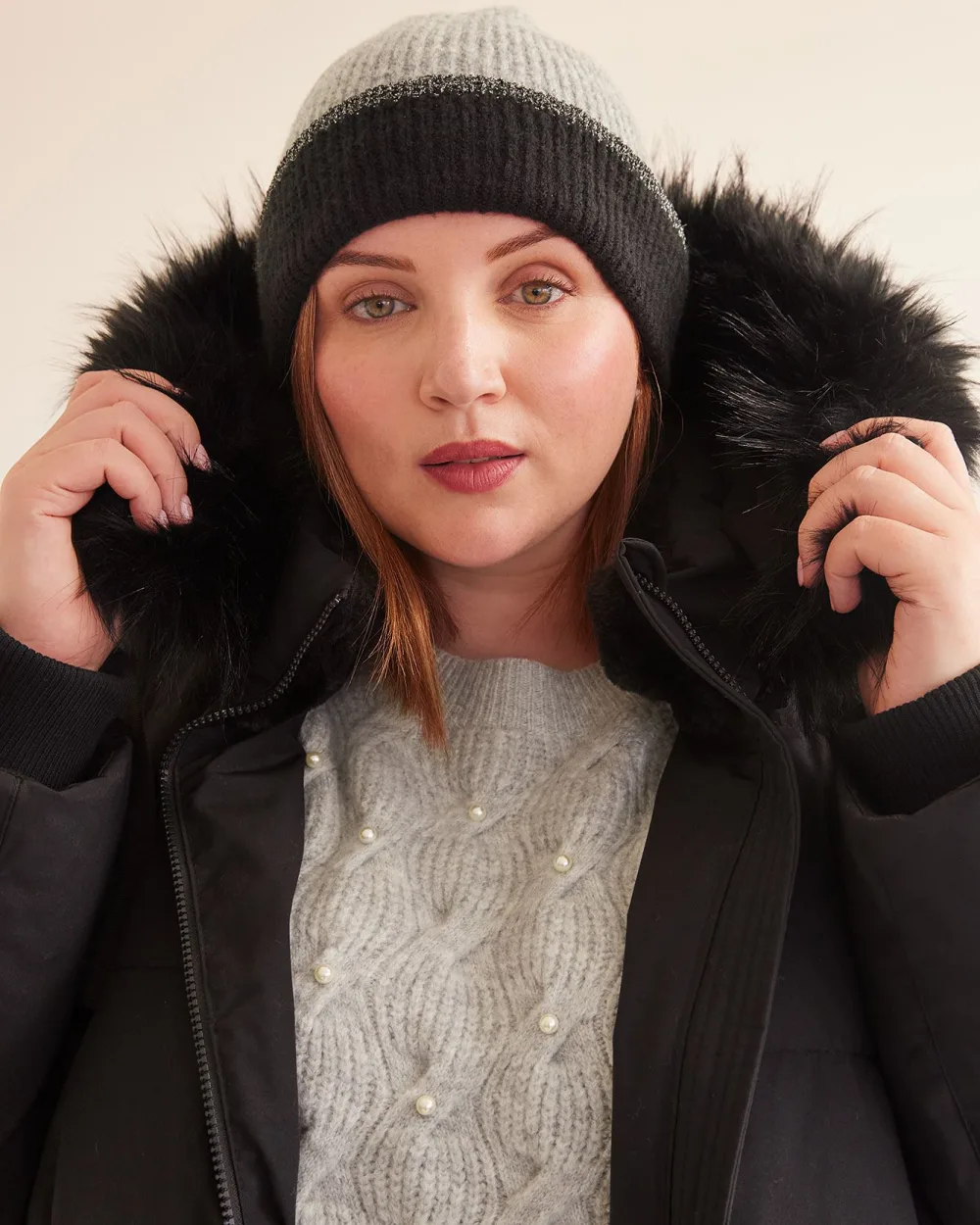 Grey & Black Knit Cuff Beanie with Metallic Tipping | Penningtons