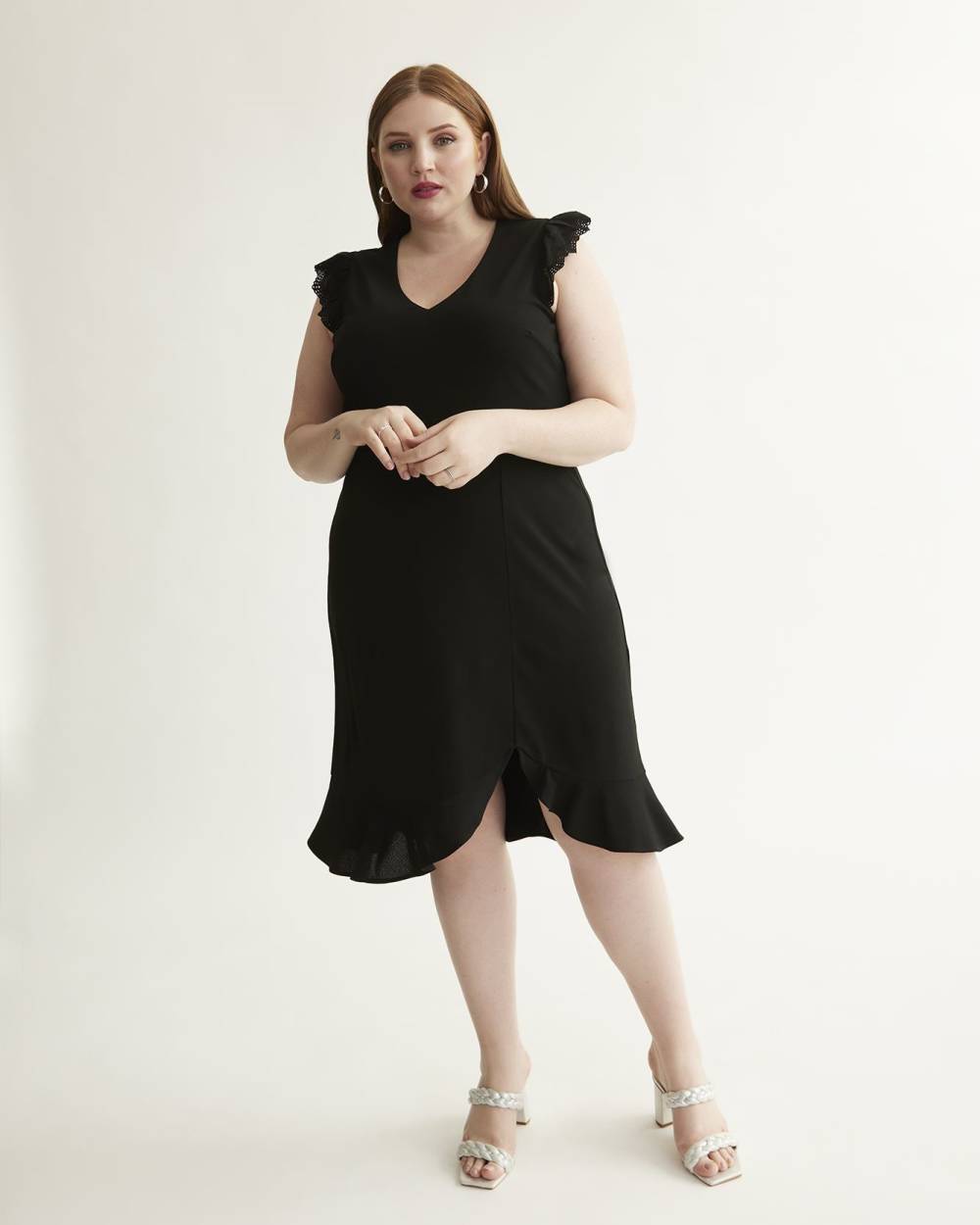 Black Ruffled Dress with Crochet Cap Sleeves | Penningtons