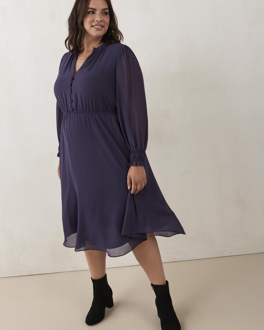 Split Neckline with Buttoned Placket Midi Dress | Penningtons
