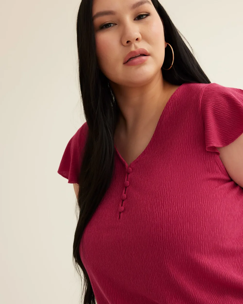 V-Neck Knit Top with Bubble Hem and Flutter Sleeves | Penningtons