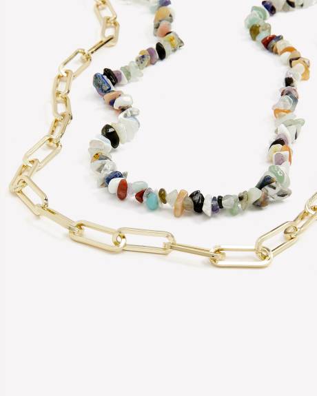 Short Golden Necklace, Oval Link & Stone, Set of 2 | Penningtons