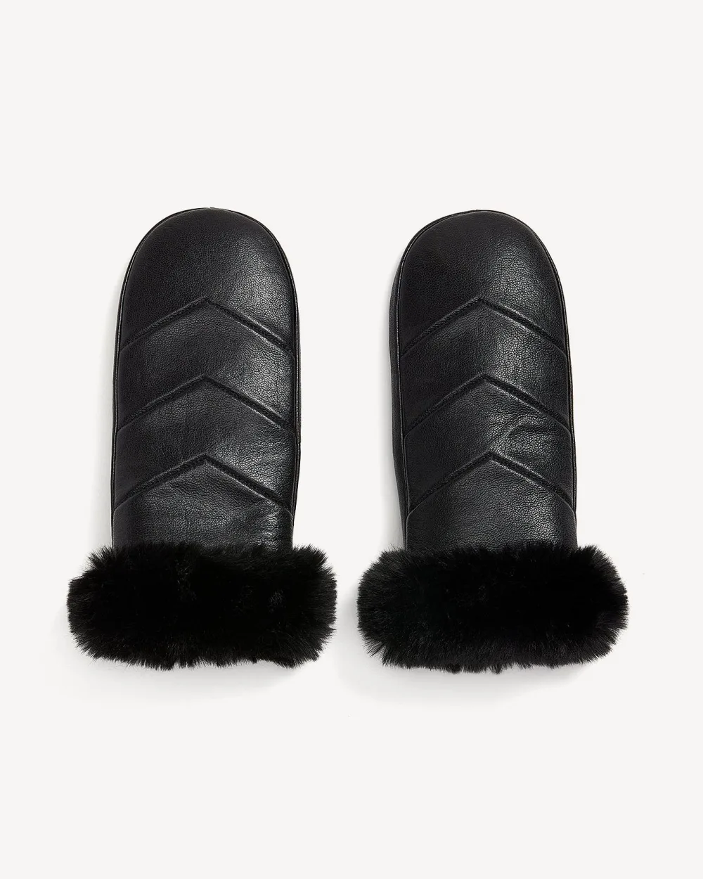 Black Leather V-Stitch Quilted Mittens with Faux-Fur Cuffs | Penningtons