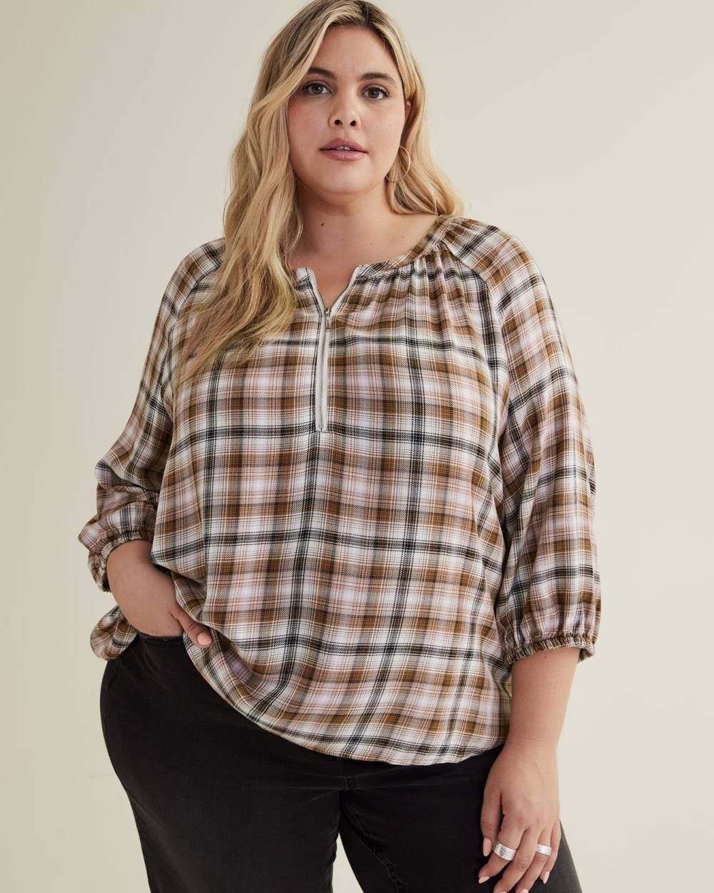 Plaid A-Line Blouse with Balloon Sleeves | Penningtons
